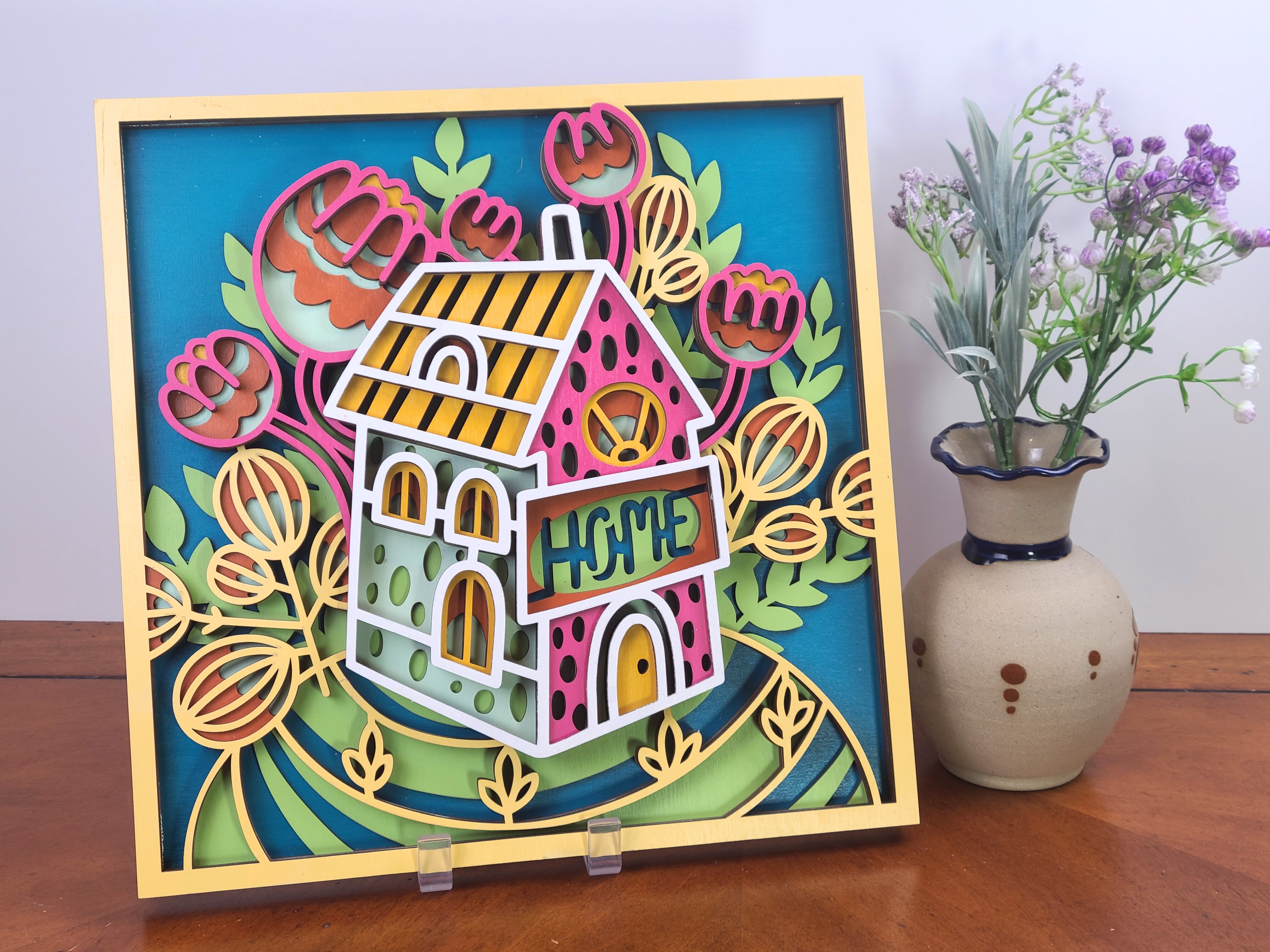 Wood Wall Art-Multi-layered Cute Welcome Home With Tulips Artwork – BB Laser Works LLC